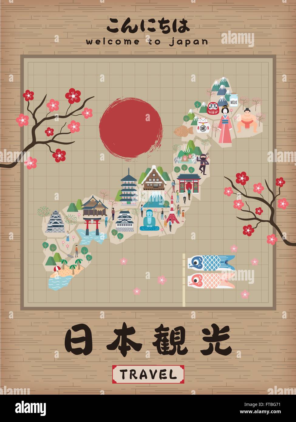 retro Japan travel map poster- Hello Japan travel in Japanese Stock ...
