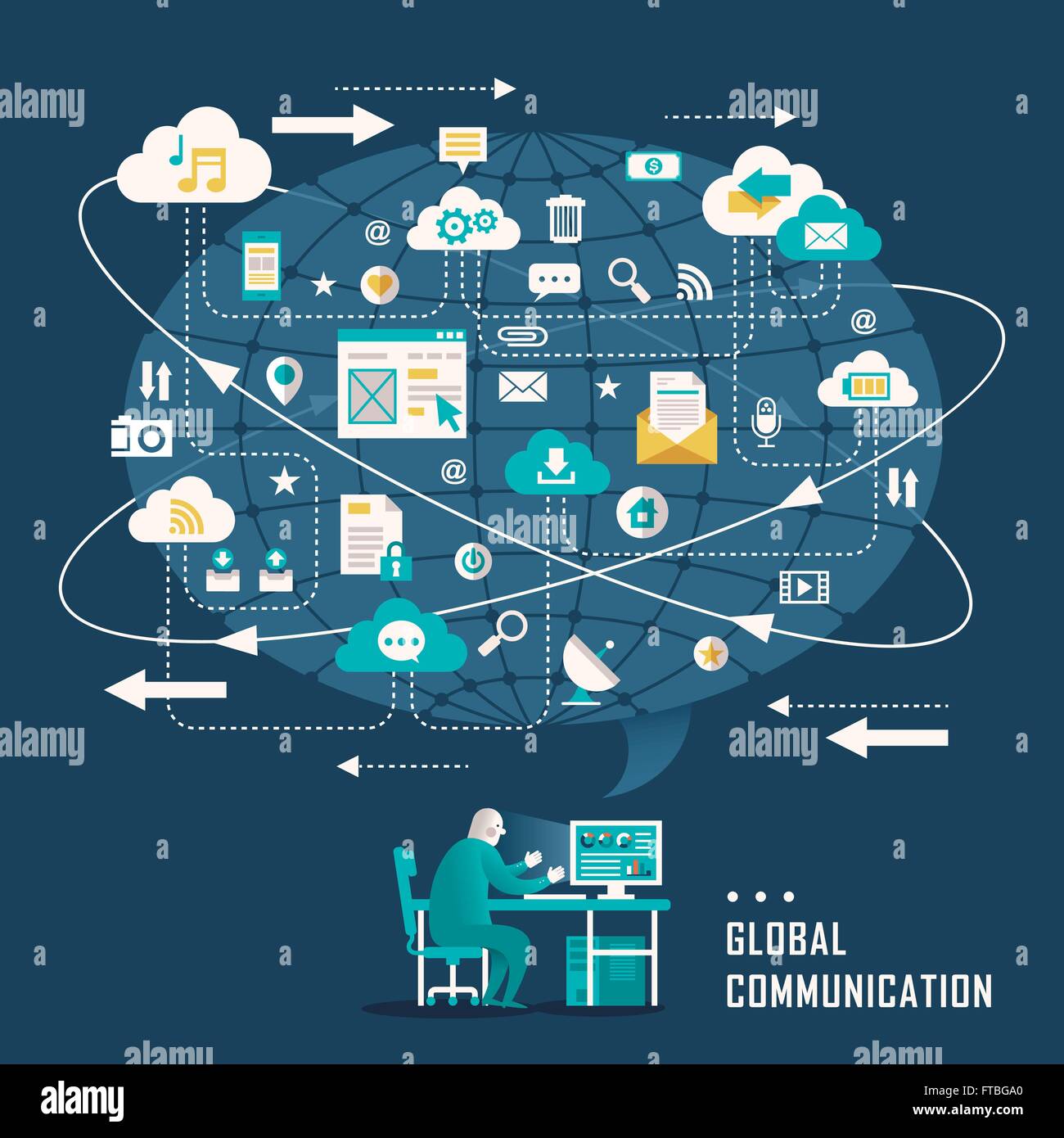 flat design concept illustration with icons of global communication ...