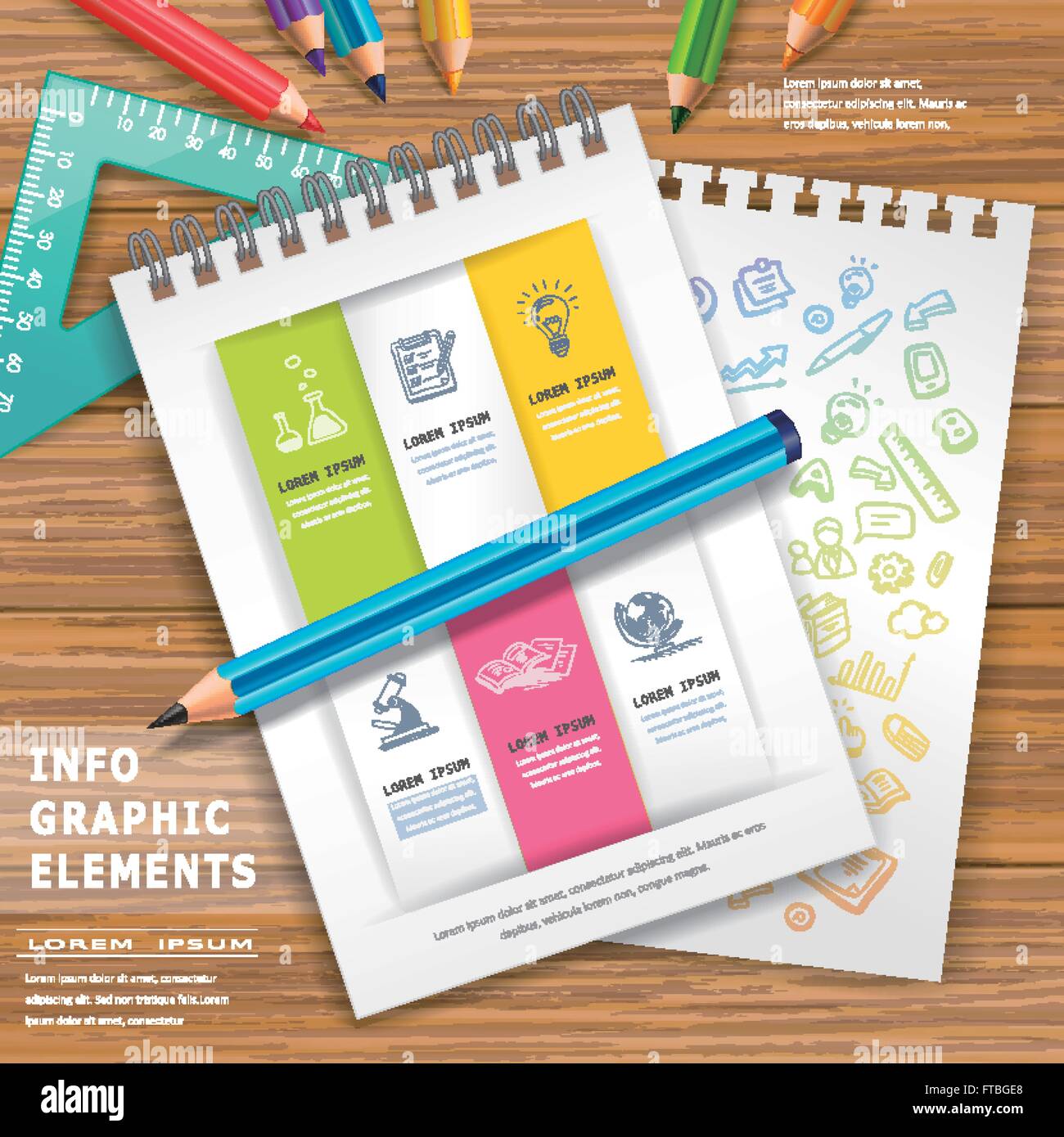 education infographic design elements with pencils and notebooks Stock ...