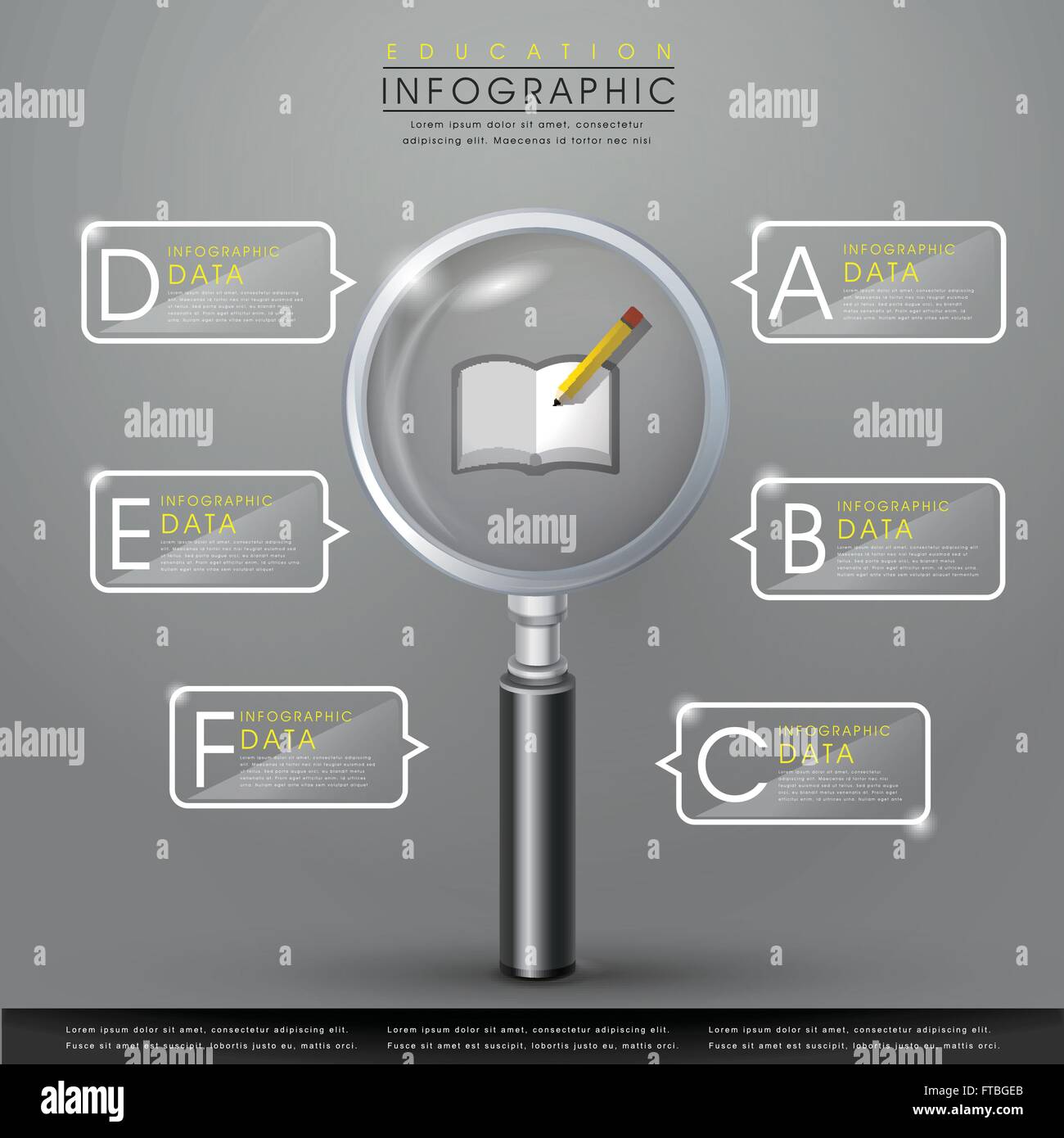 education infographic with magnifying glass element over grey ...