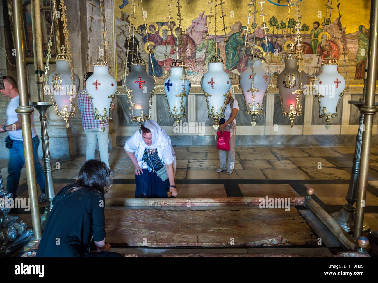 Lamps over Stone of Anointing in Church of Holy Sepulchre, Jerusalem ...