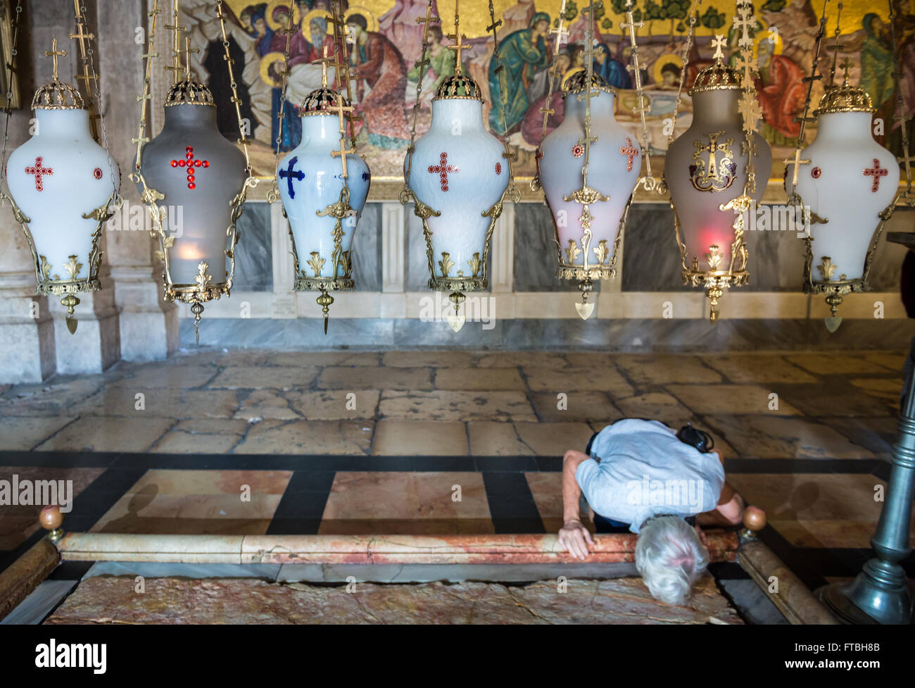 Lamps over Stone of Anointing in Church of Holy Sepulchre, Jerusalem ...