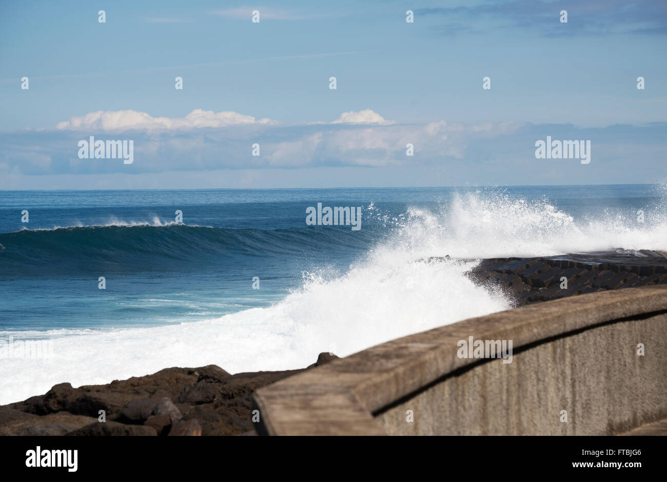 Waves breaking on the shore of Madeira island on Portugal coast mear ...