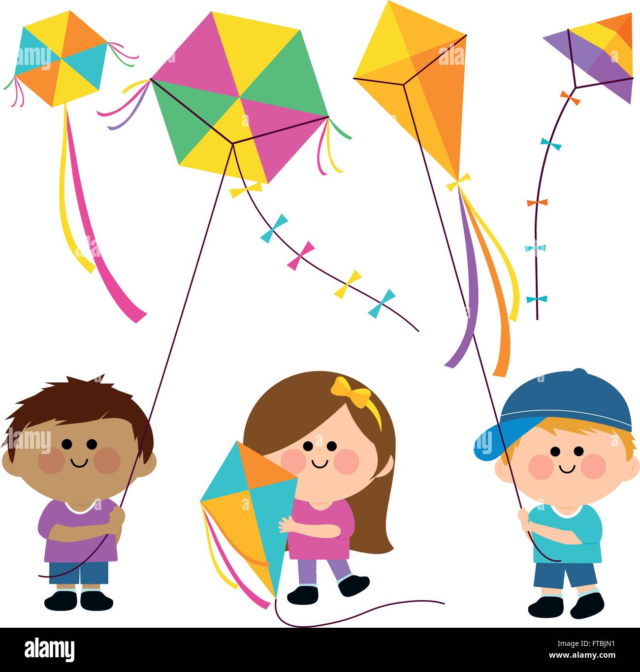 Children flying kites in the sky. Kids, boys and girls play with kites ...