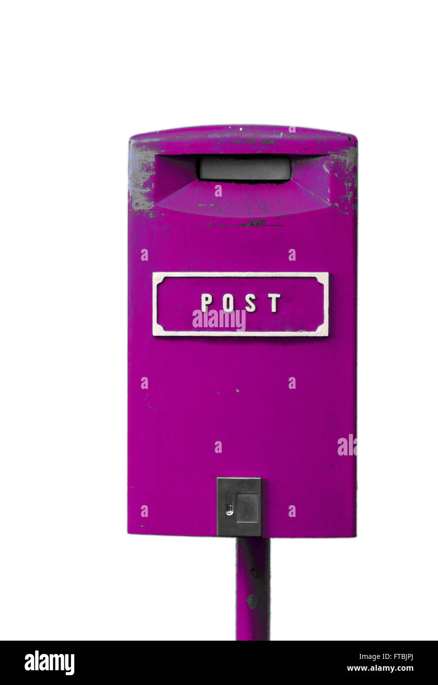 Purple postbox with white lettering isolated on the white background ...