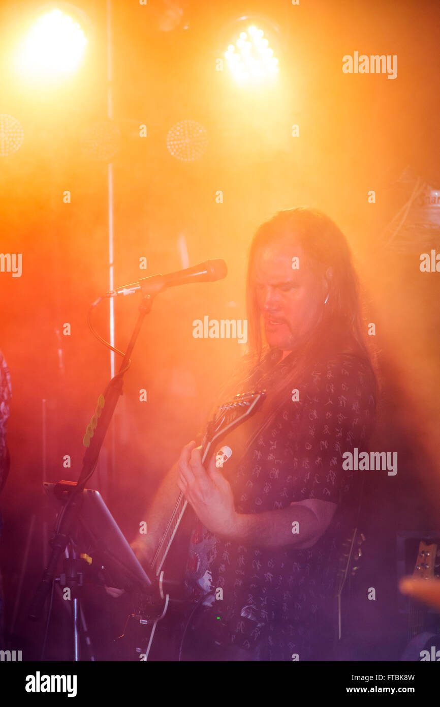 Vocalist & guitarist Robb Warnke; Rock & Roll band Hairitage playing ...