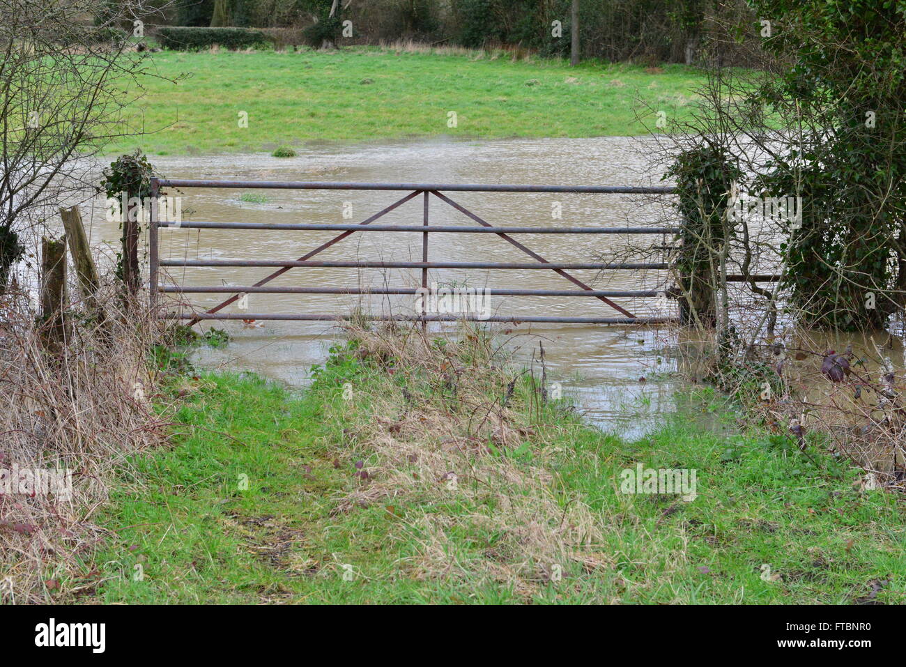 River Mole flooding its banks in Horley, Surrey after Storm Katie Stock ...