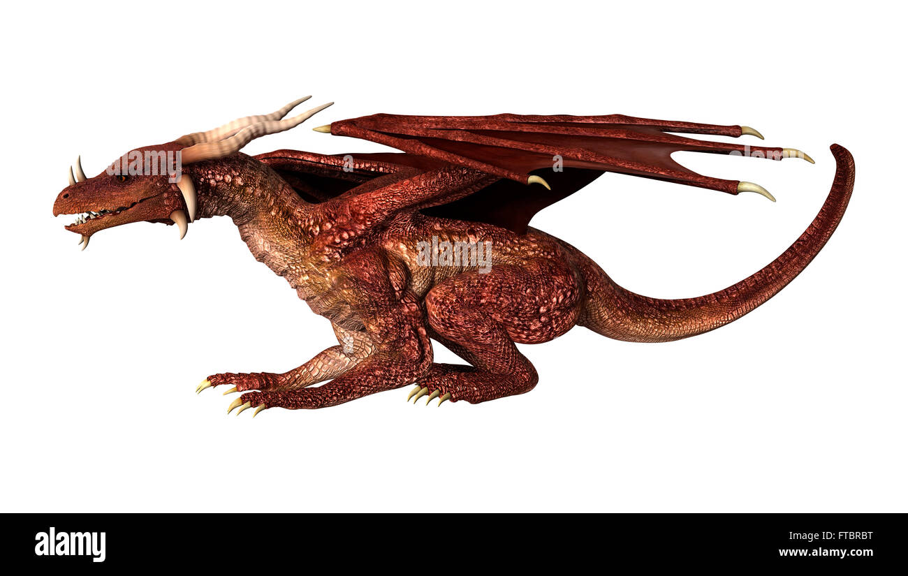 3D illustration of a red fantasy dragon isolated on white background ...