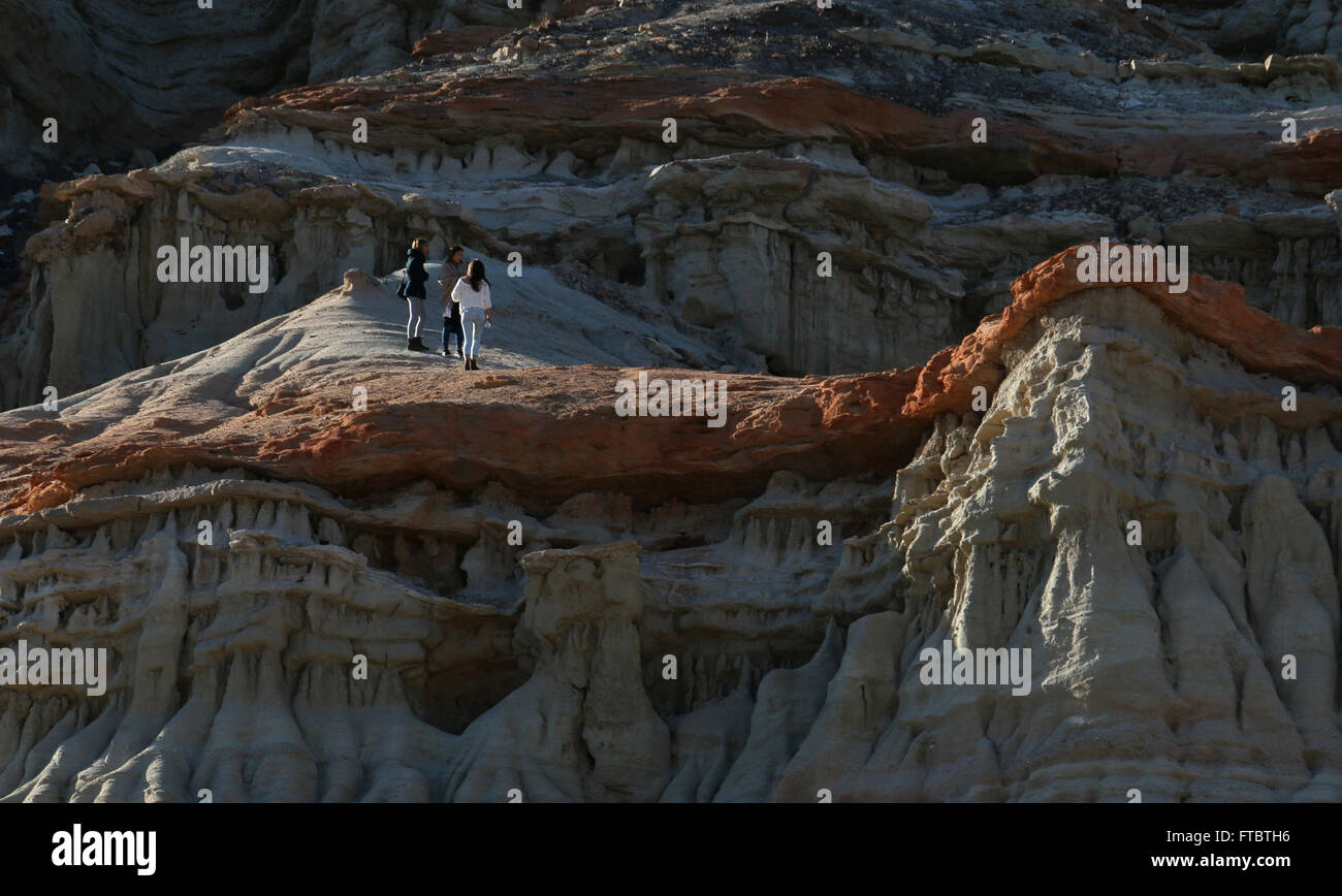 Hikers on Cliffs and sandstone, tilted rock layers Red Rock Canyon ...