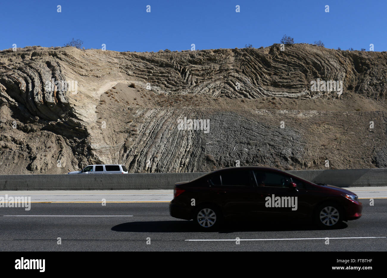 Deformed rock layers in road cut along San Andres fault County of Los ...