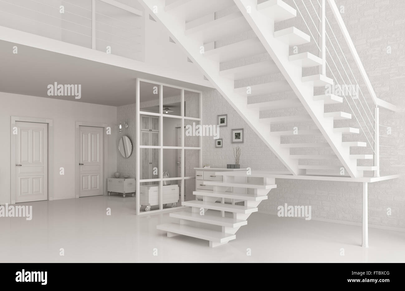 Interior of white entrance hall with staircase 3d rendering Stock Photo ...
