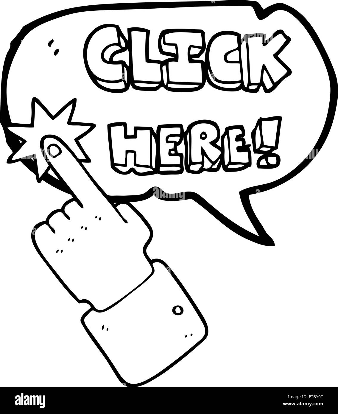 freehand drawn speech bubble cartoon click here sign with finger Stock ...