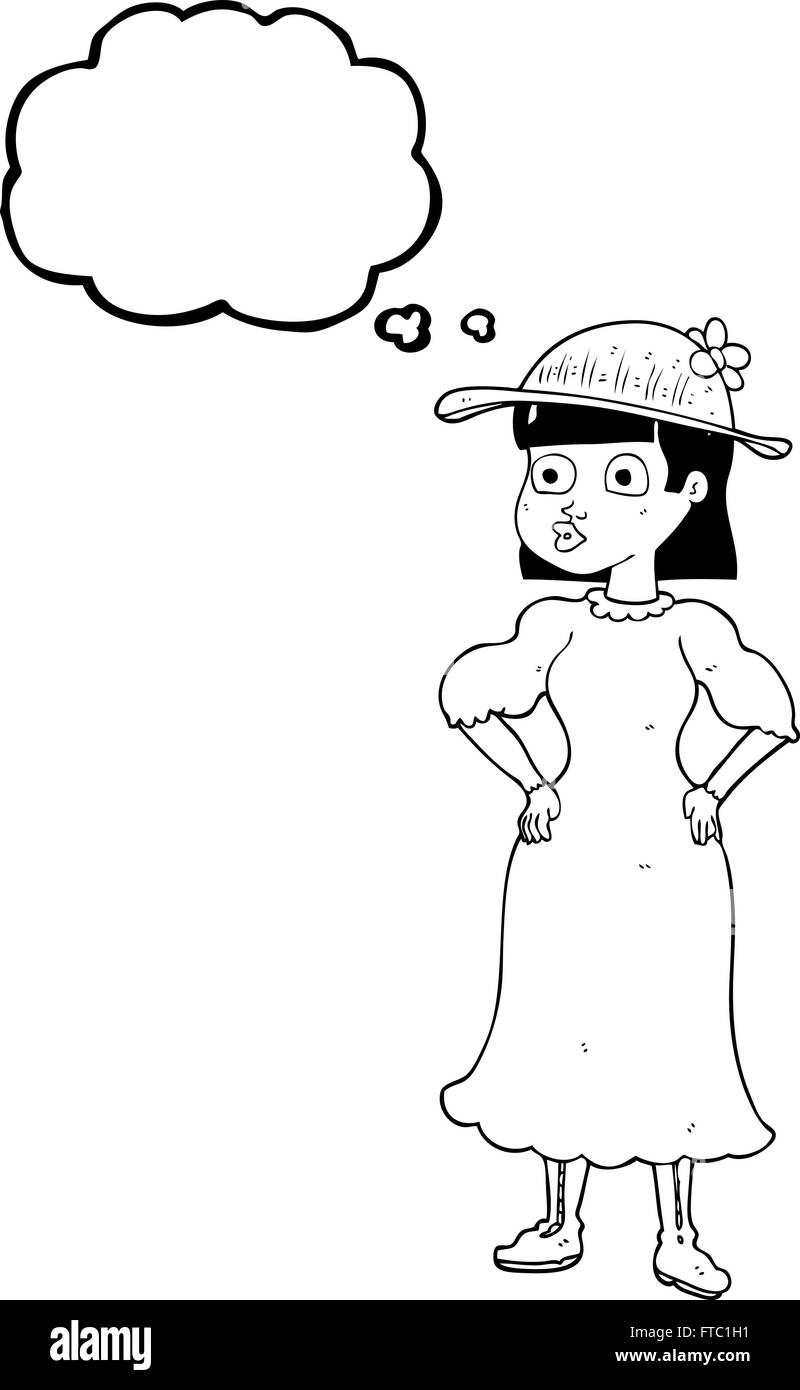 freehand drawn thought bubble cartoon woman in sensible dress Stock ...