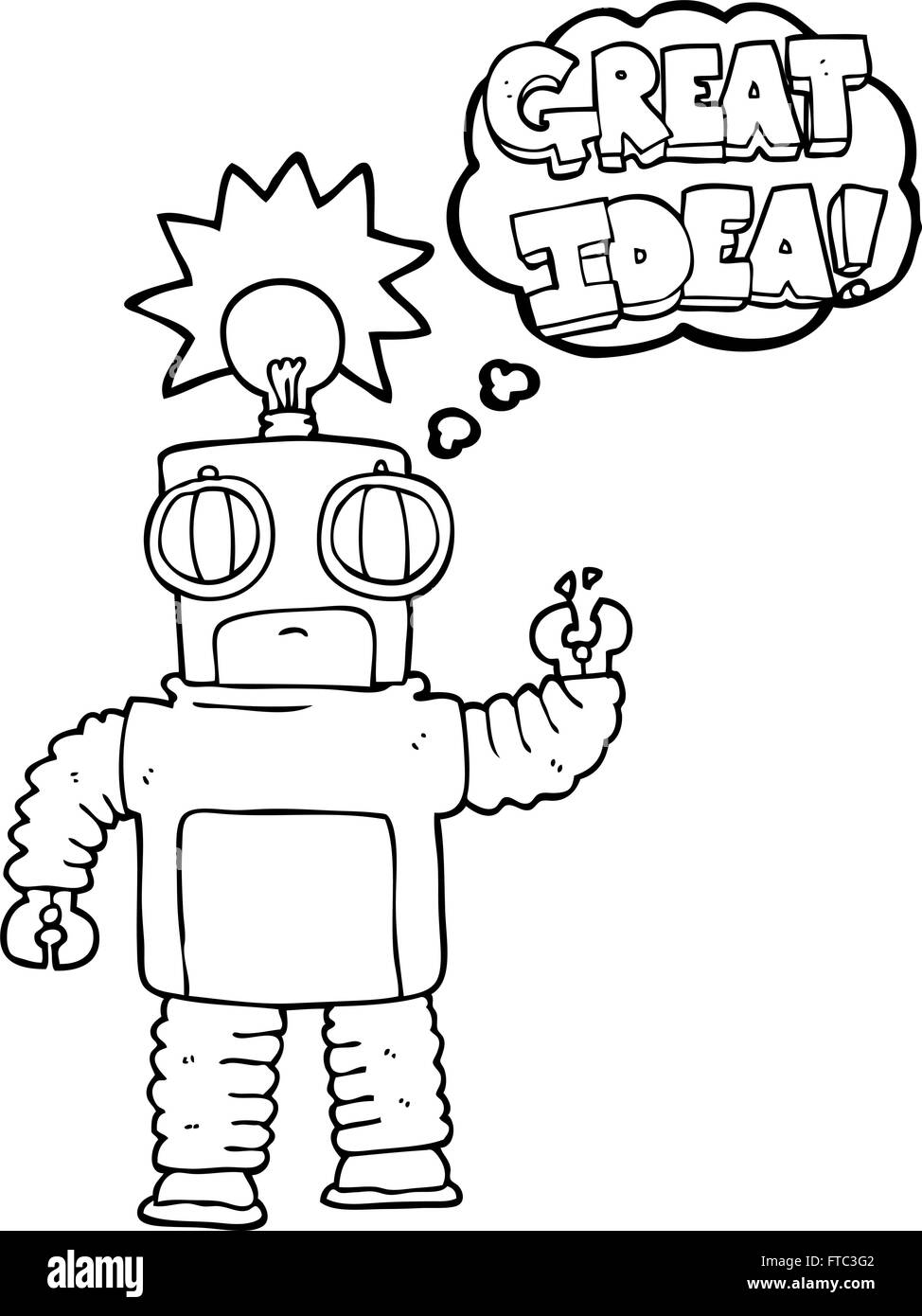 freehand drawn thought bubble cartoon robot with great idea Stock ...