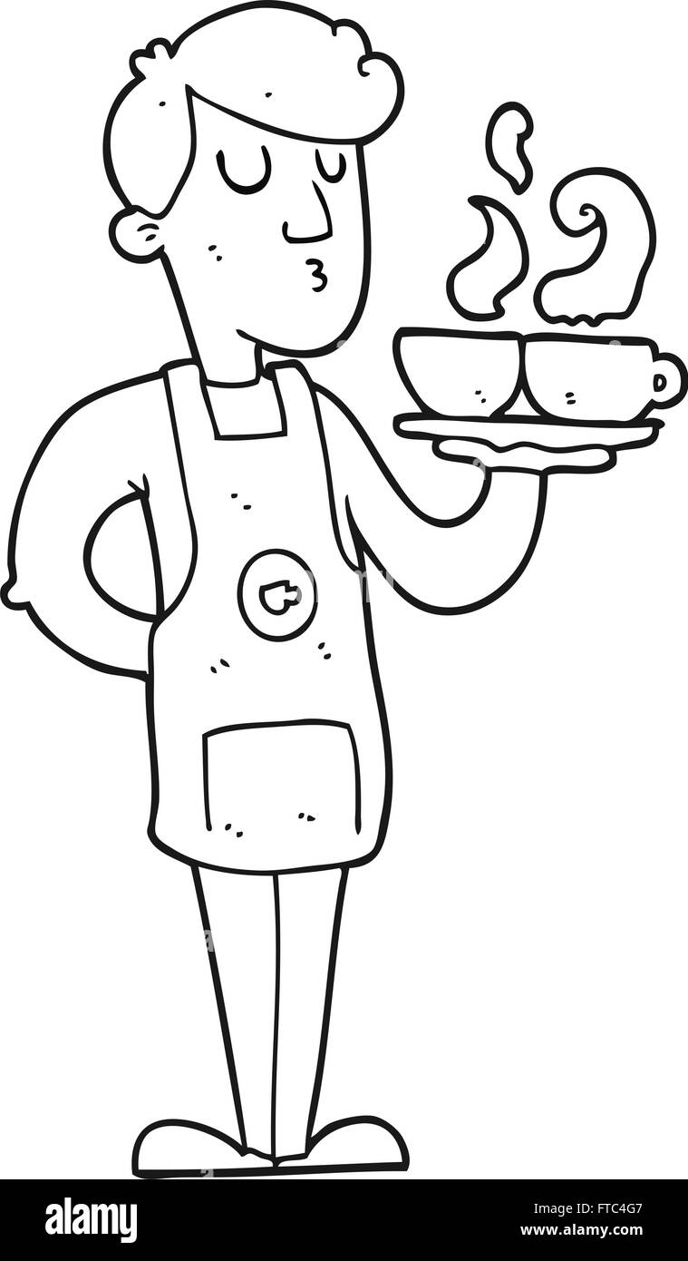 freehand drawn black and white cartoon barista serving coffee Stock ...