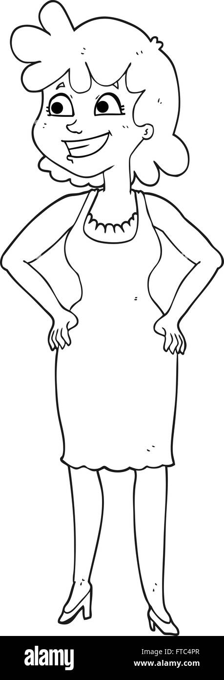 freehand drawn black and white cartoon happy woman wearing dress Stock ...