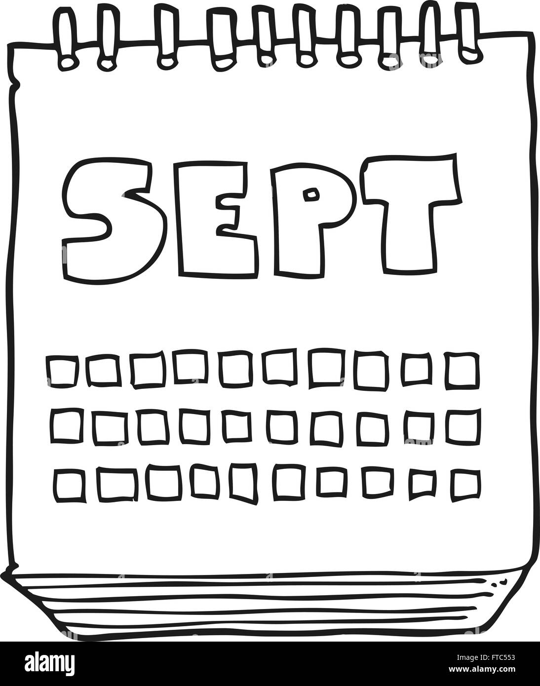 freehand drawn black and white cartoon calendar showing month of ...