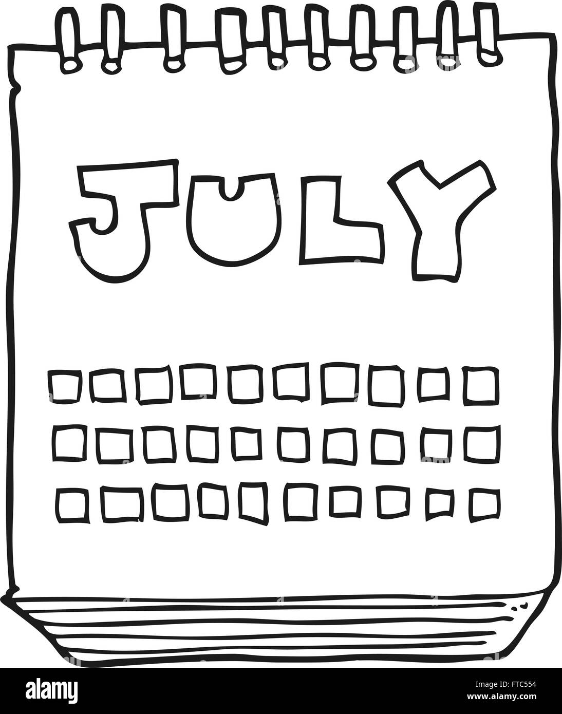 freehand drawn black and white cartoon calendar showing month of July ...
