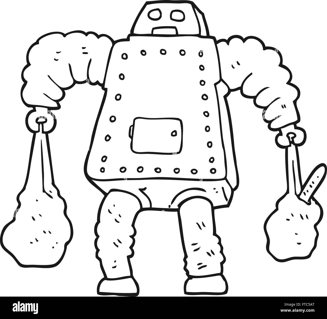 freehand drawn black and white cartoon robot carrying shopping Stock ...