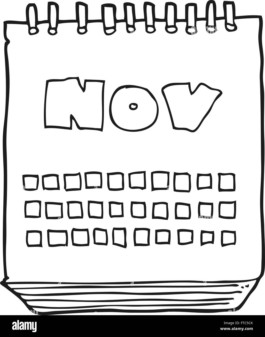 freehand drawn black and white cartoon calendar showing month of ...
