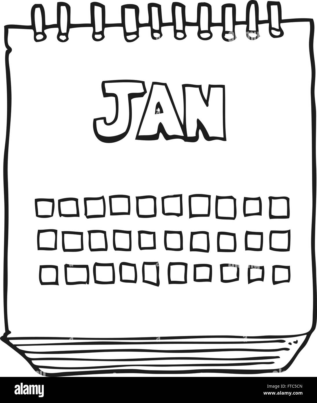 freehand drawn black and white cartoon calendar showing month of ...