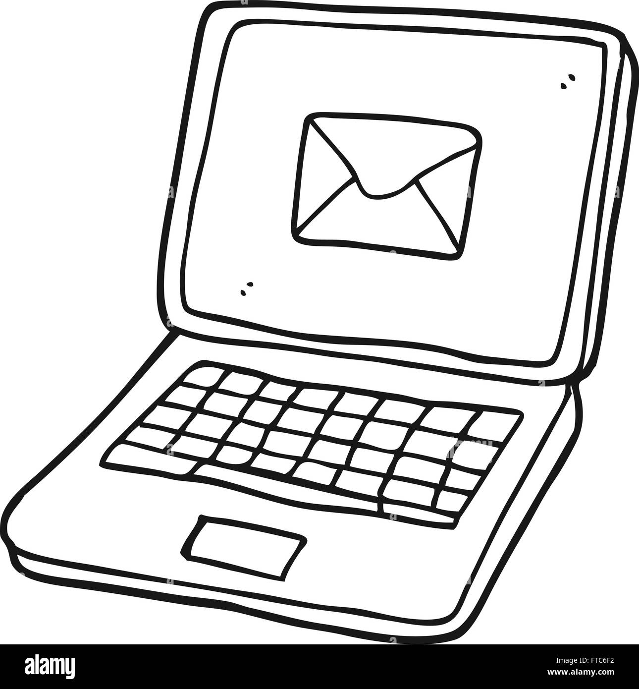 freehand drawn black and white cartoon laptop computer with message ...