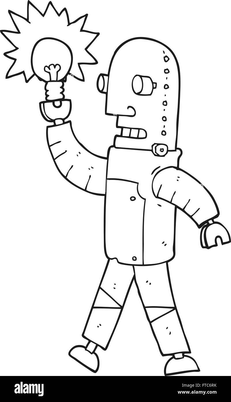 freehand drawn black and white cartoon robot with light bulb Stock ...