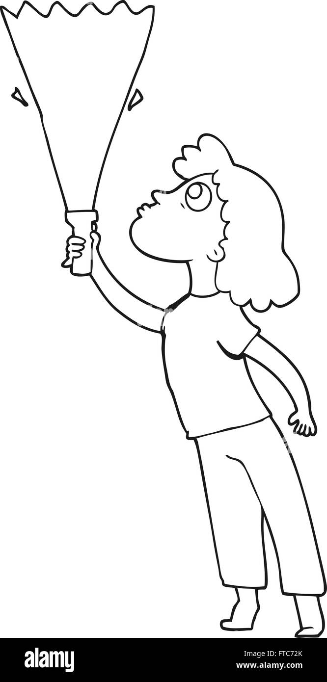 freehand drawn black and white cartoon woman searching with torch Stock ...