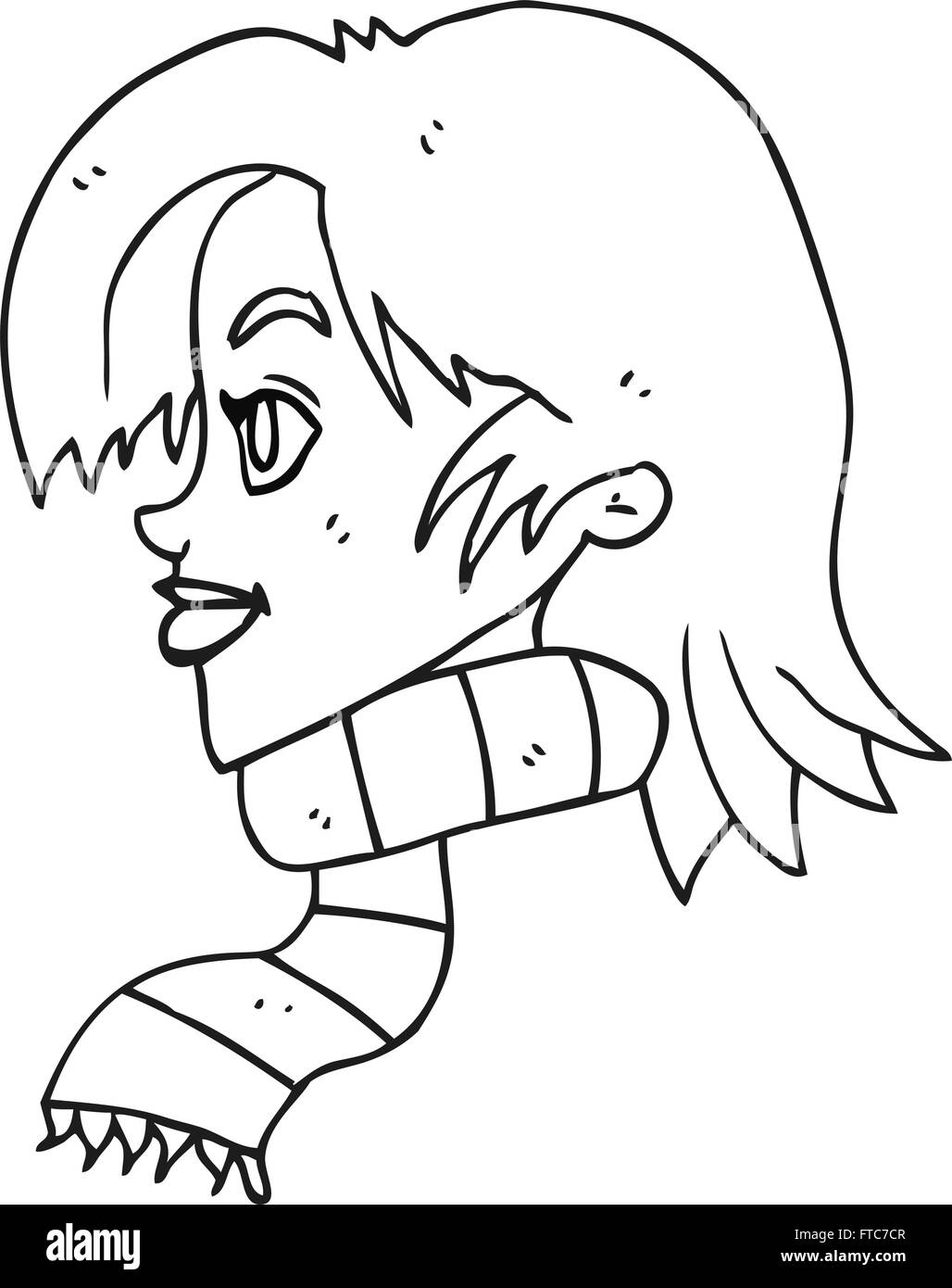 freehand drawn black and white cartoon woman wearing scarf Stock Vector ...