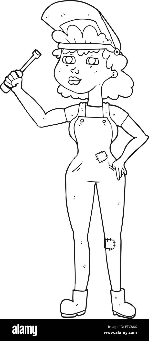 freehand drawn black and white cartoon female mechanic Stock Vector ...