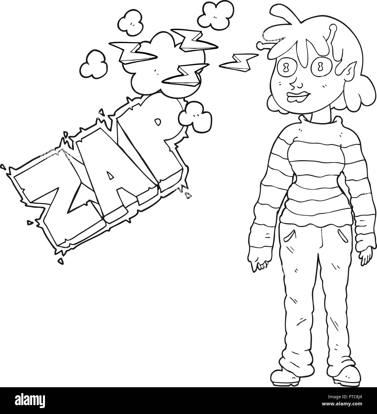 freehand drawn black and white cartoon casual alien girl using ...