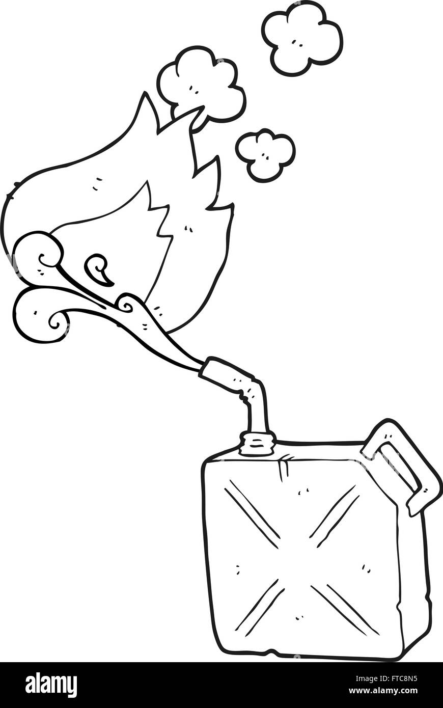 freehand drawn black and white cartoon fuel can with burning fuel spray ...