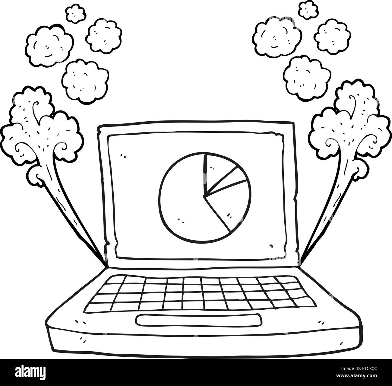 freehand drawn black and white cartoon laptop computer with pie chart ...