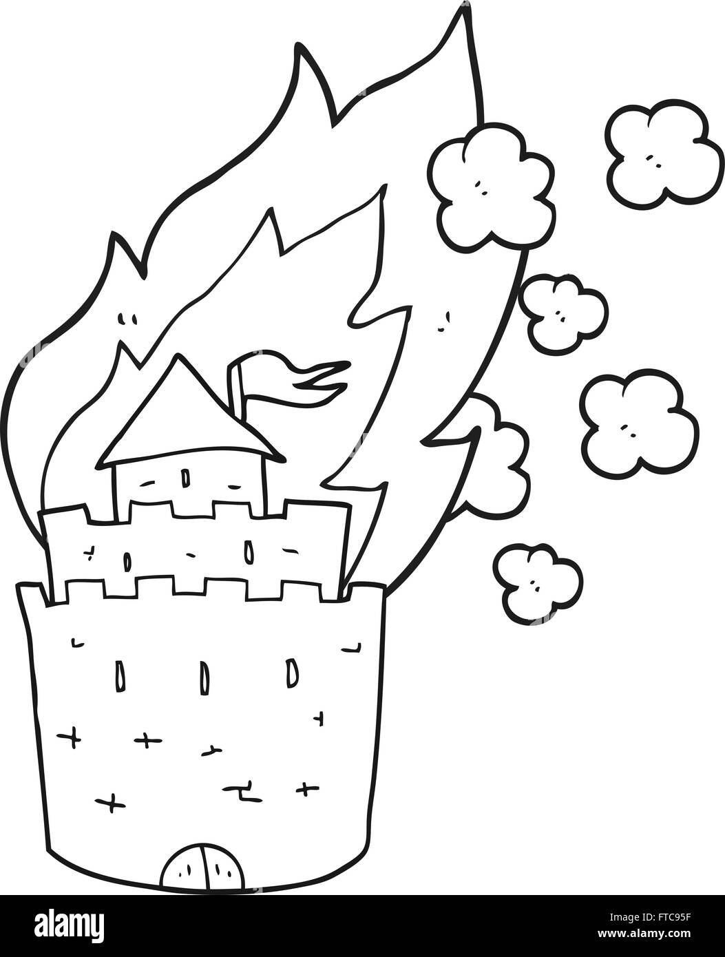 freehand drawn black and white cartoon burning castle Stock Vector ...