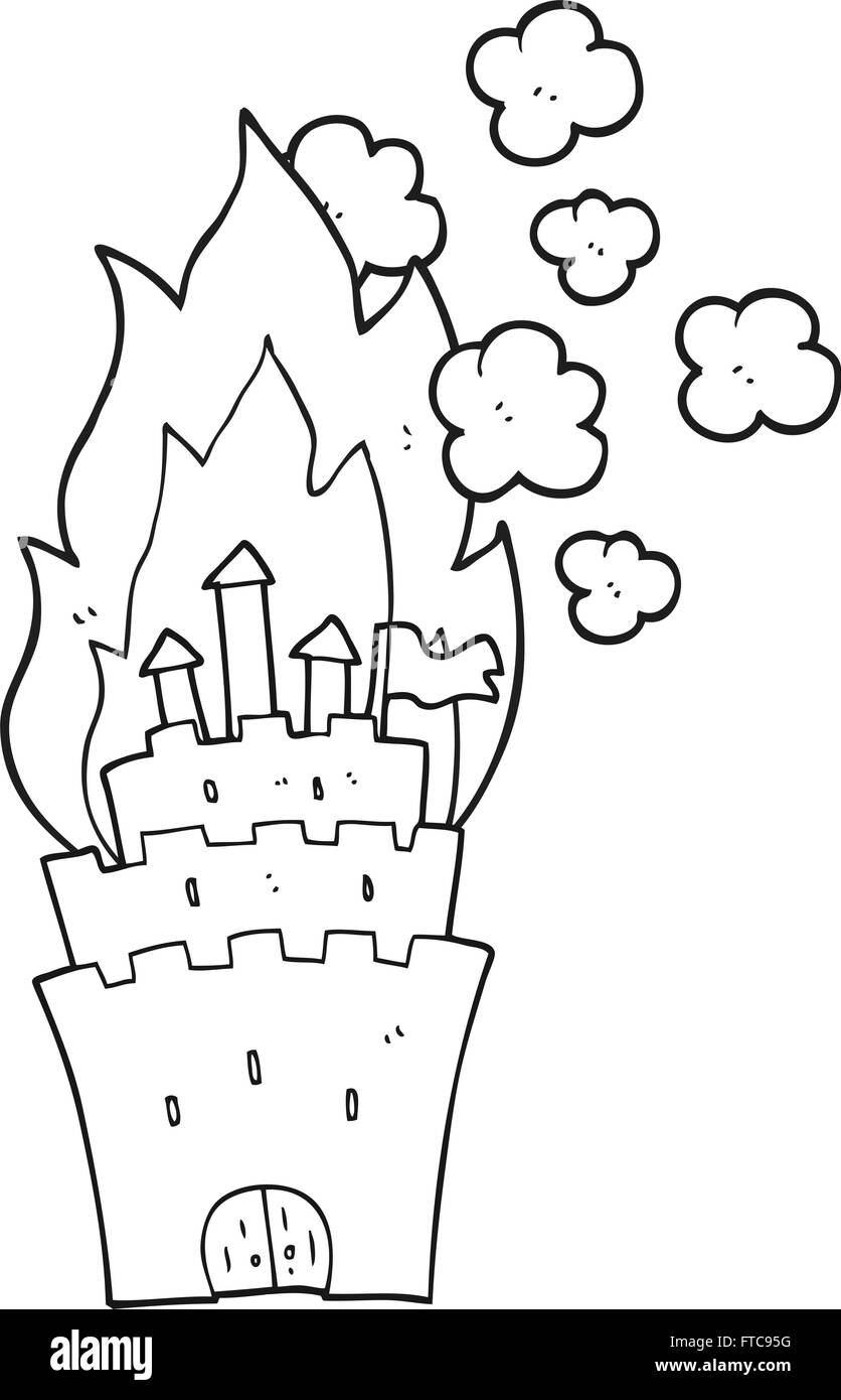 freehand drawn black and white cartoon burning castle Stock Vector ...