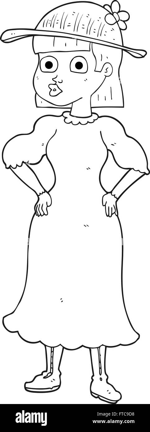 freehand drawn black and white cartoon woman in sensible dress Stock ...
