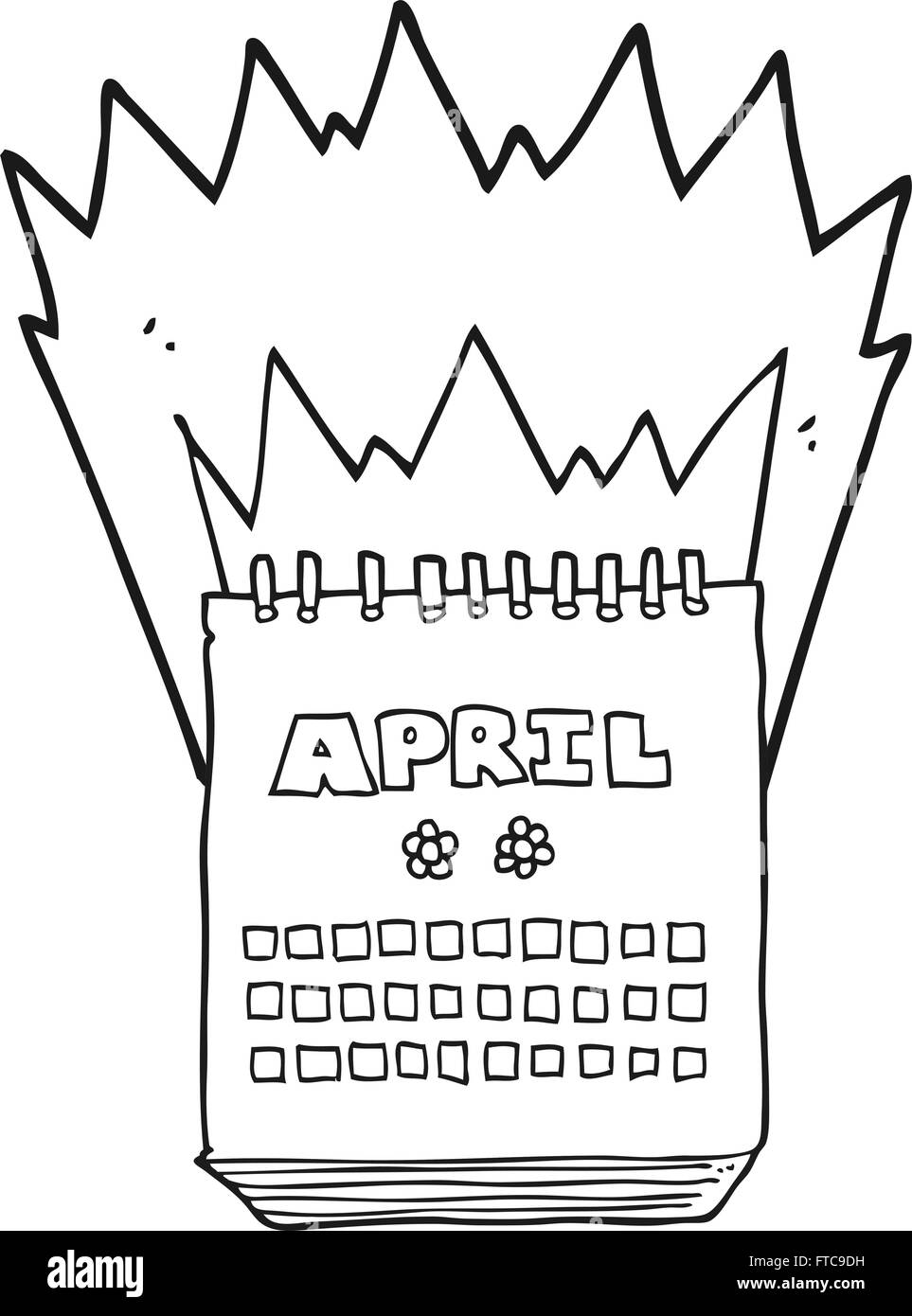 freehand drawn black and white cartoon calendar showing month of April ...