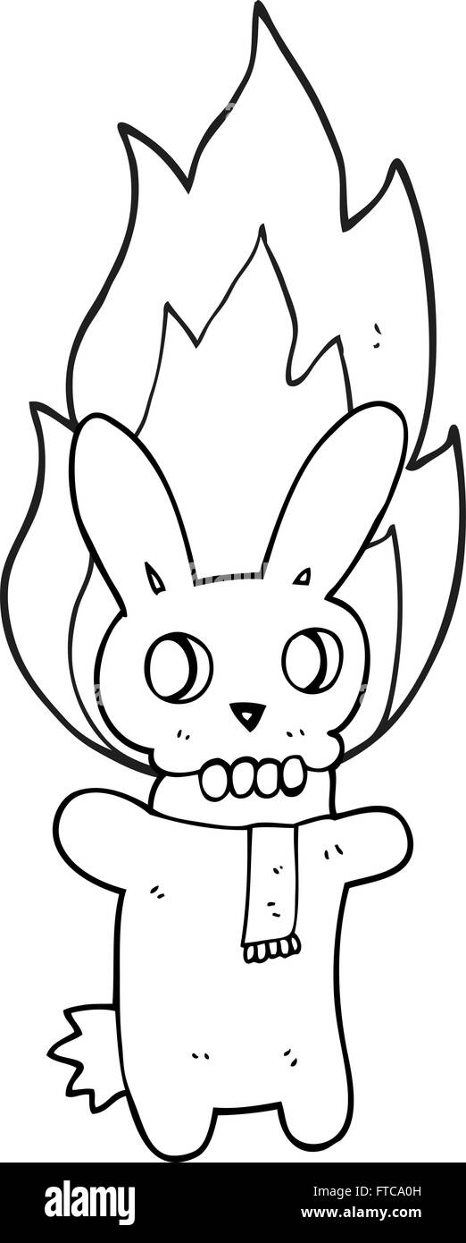 freehand drawn black and white cartoon flaming skull rabbit Stock ...