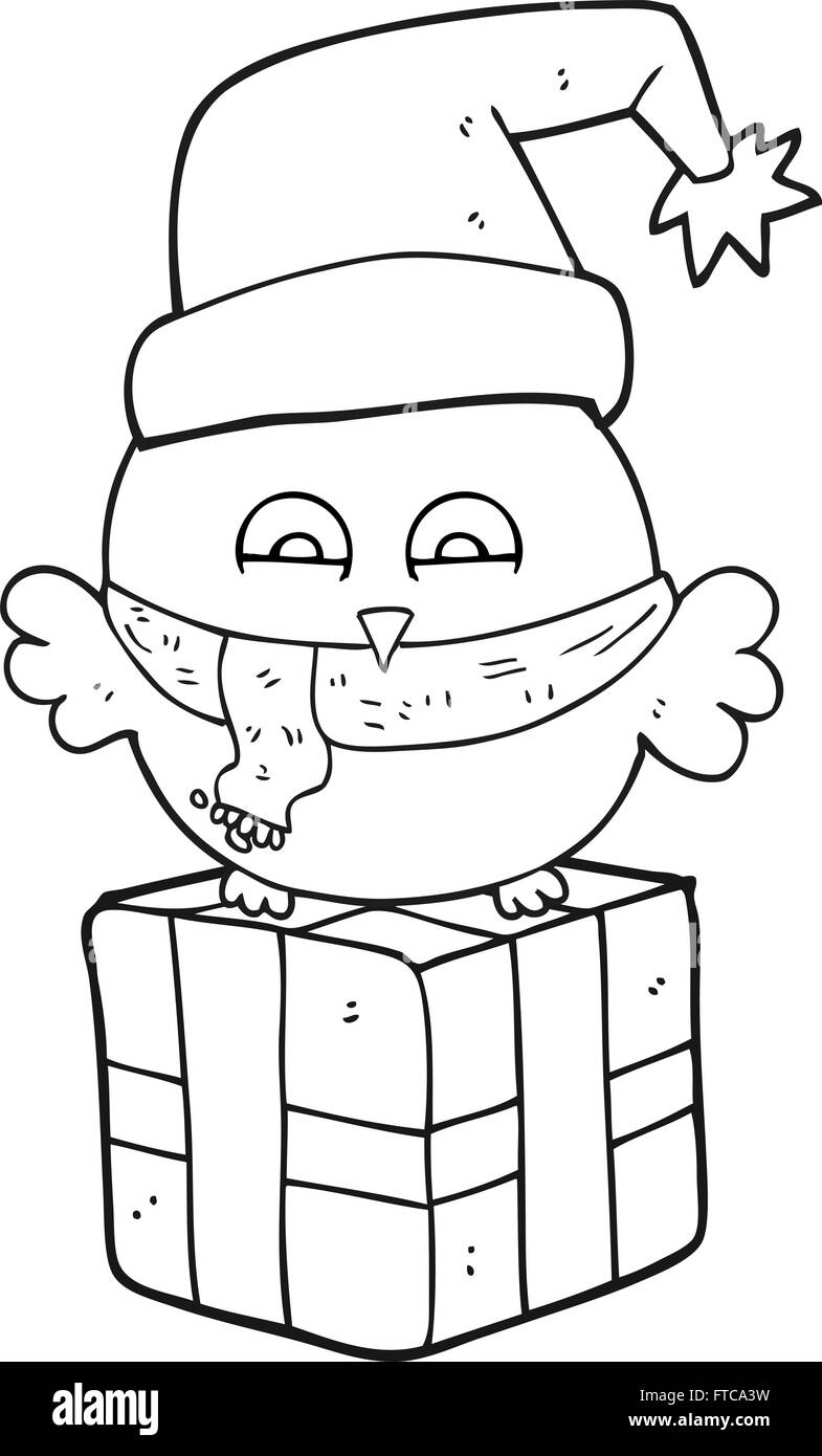 freehand drawn black and white cartoon cute christmas owl on wrapped ...
