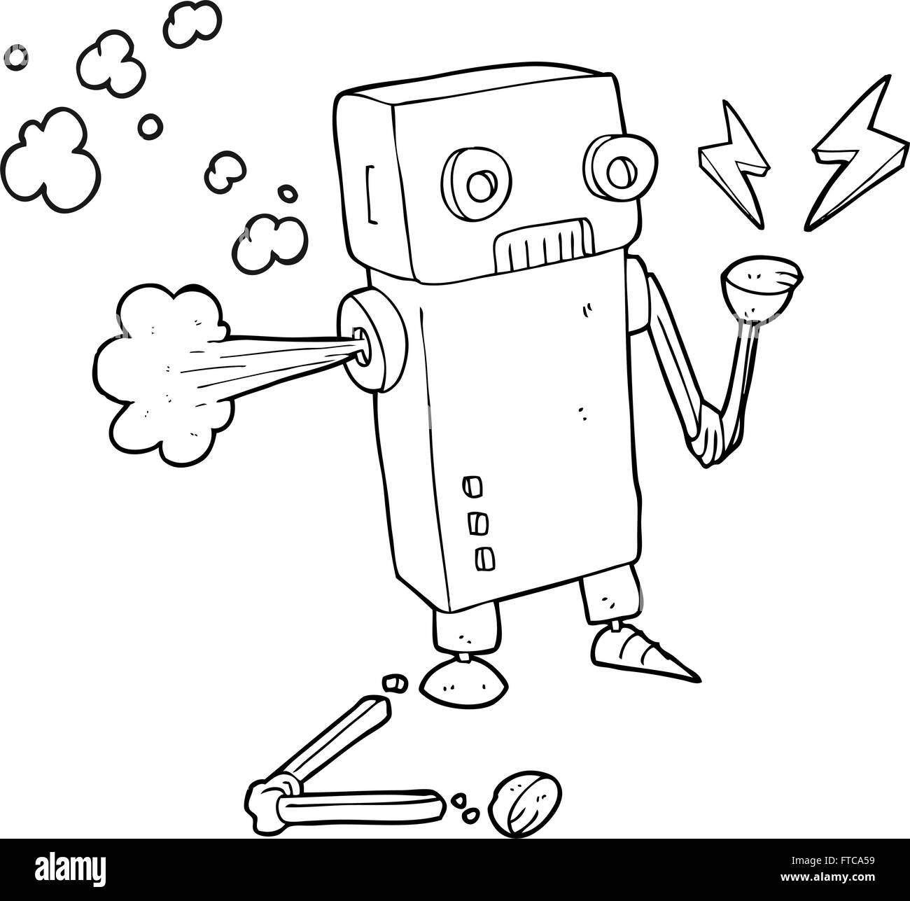 freehand drawn black and white cartoon broken robot Stock Vector Image ...