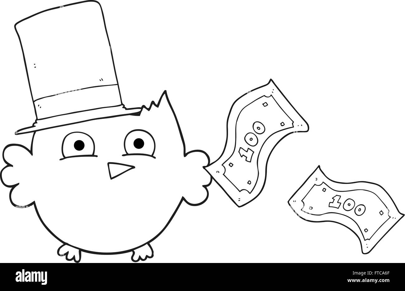 freehand drawn black and white cartoon wealthy little owl with top hat ...
