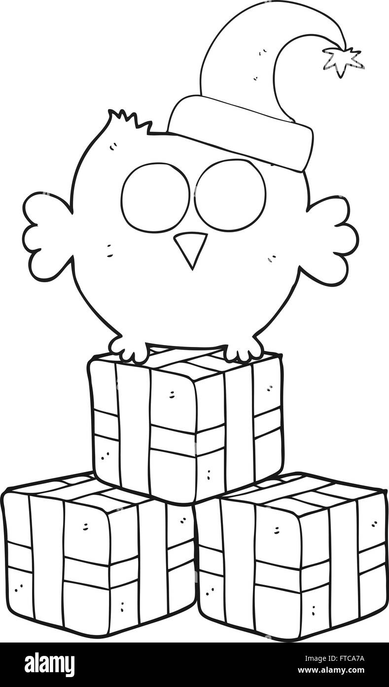 freehand drawn black and white cartoon little owl wearing christmas hat ...
