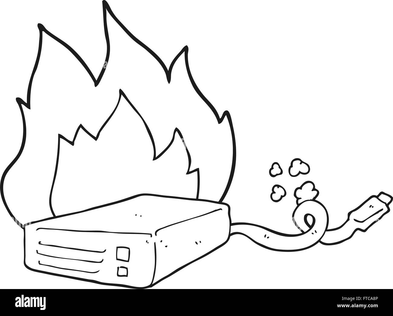 freehand drawn black and white cartoon computer hard drive burning ...