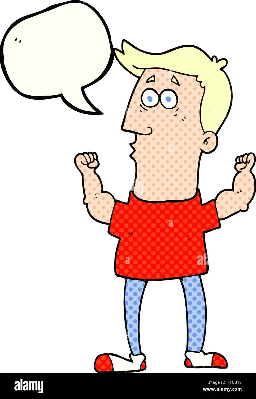 freehand drawn comic book speech bubble cartoon surprised man flexing ...