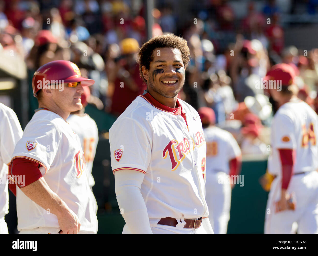 March 26, 2016 Los Angeles, CA..USC outfielder (28) Timmy Robinson ...