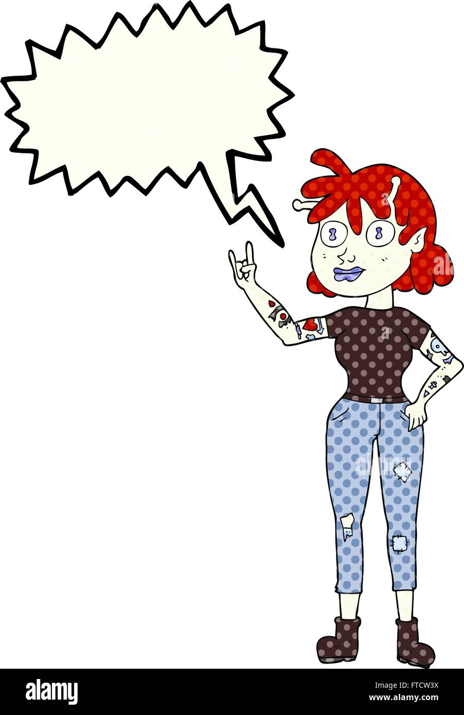 freehand drawn comic book speech bubble cartoon alien rock fan girl ...