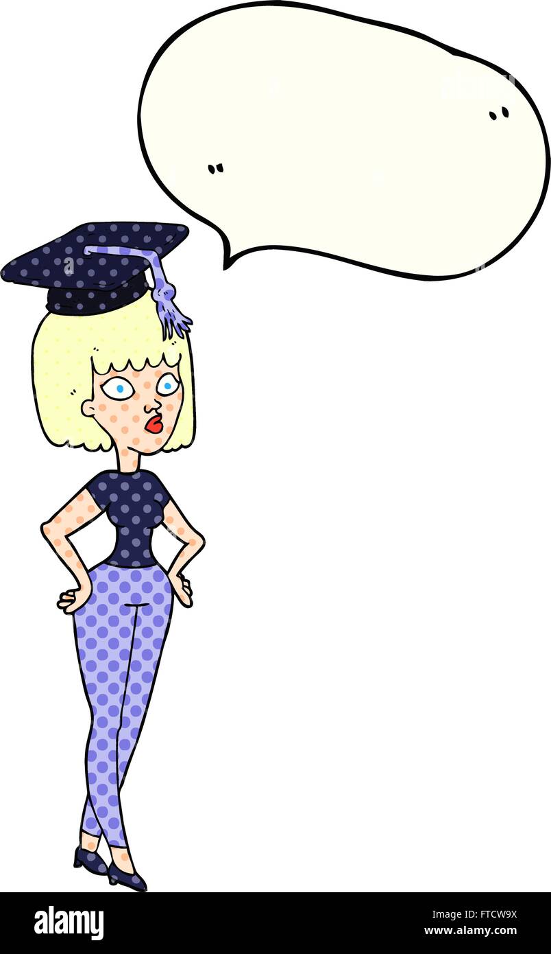 freehand drawn comic book speech bubble cartoon woman with graduation ...