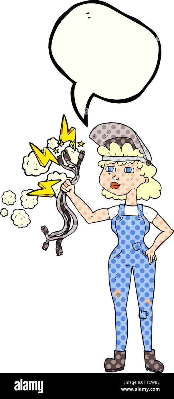 freehand drawn comic book speech bubble cartoon electrician woman Stock ...