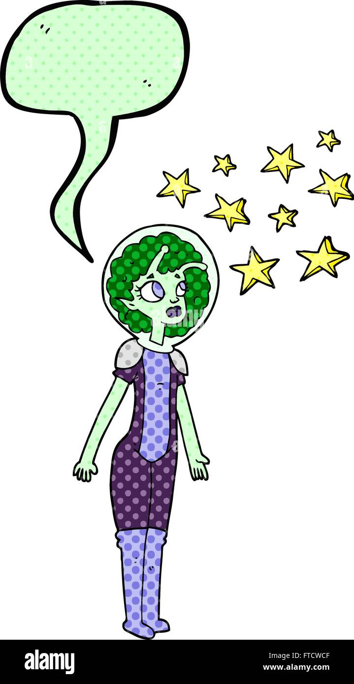 freehand drawn comic book speech bubble cartoon alien space girl Stock ...