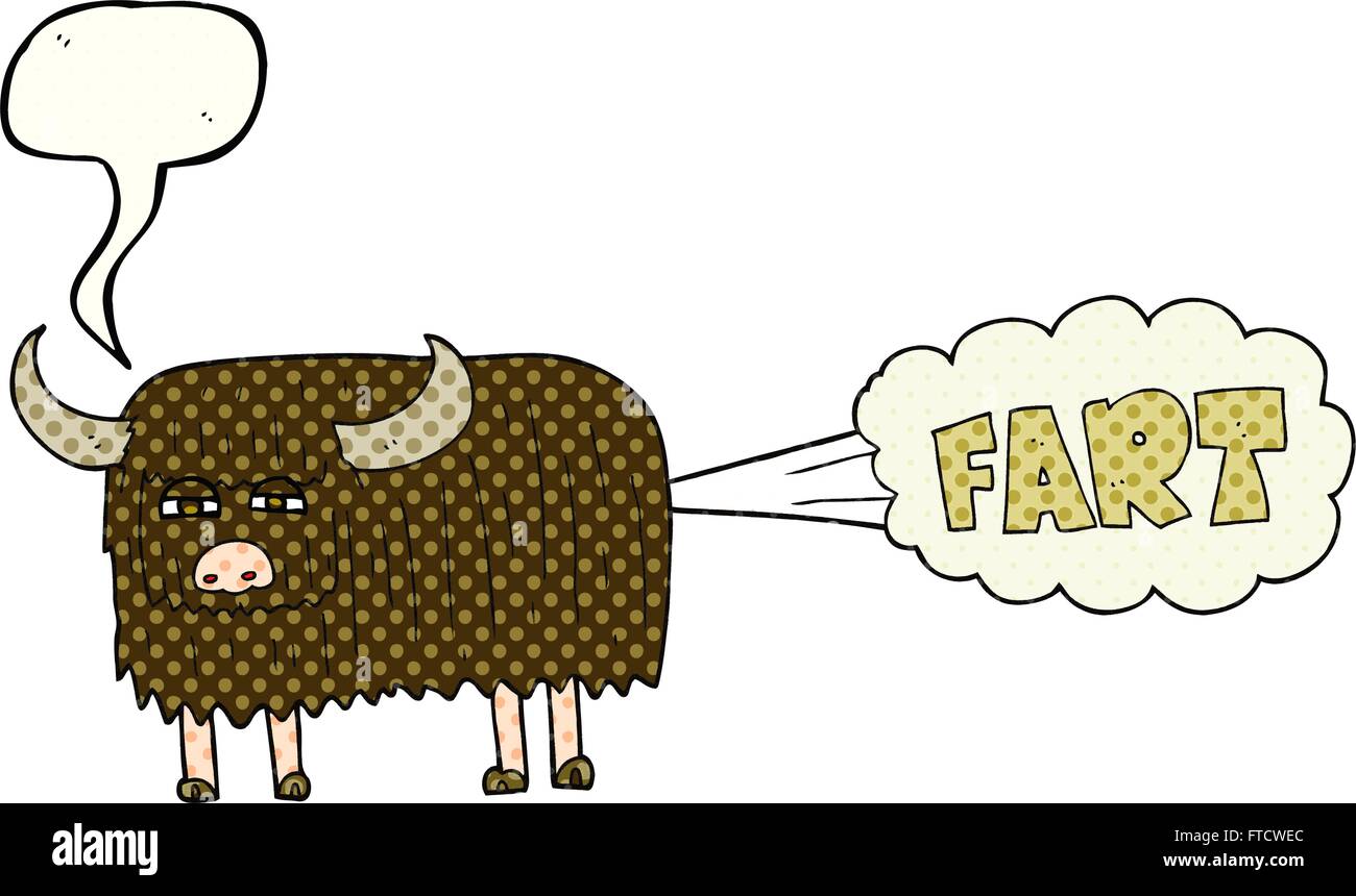 freehand drawn comic book speech bubble cartoon hairy cow farting Stock ...
